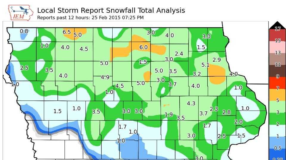 Snow totals being reported right now