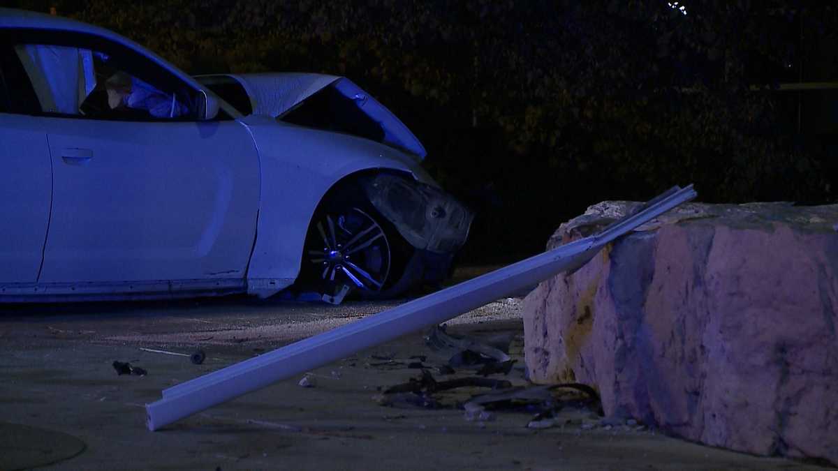 Car Goes Airborne Crashes Into Rock Landscaping