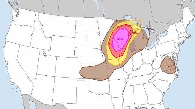 Thursday's severe weather maps and outlook