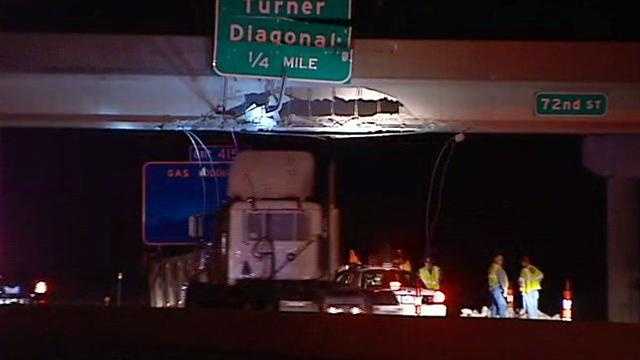 Crash damages bridge on EB I-70 at Turner Diagonal in KCK
