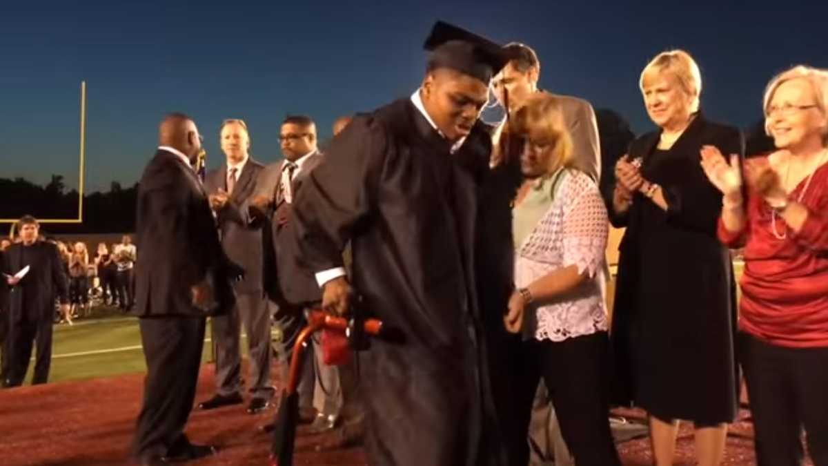 Okmulgee High School senior takes first steps in public at graduation