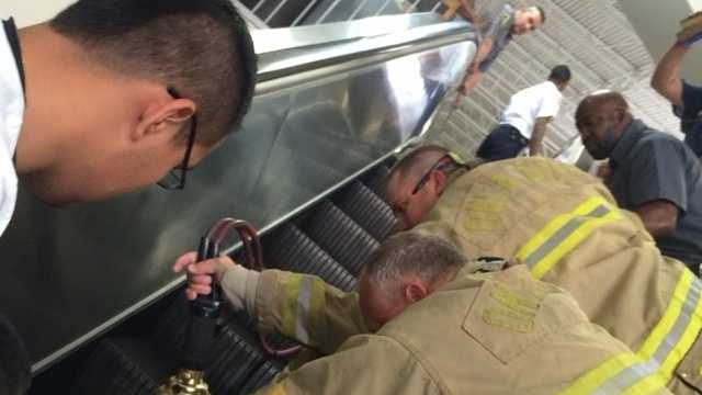 Child freed after foot got stuck in escalator at Plaza Mayor Mall