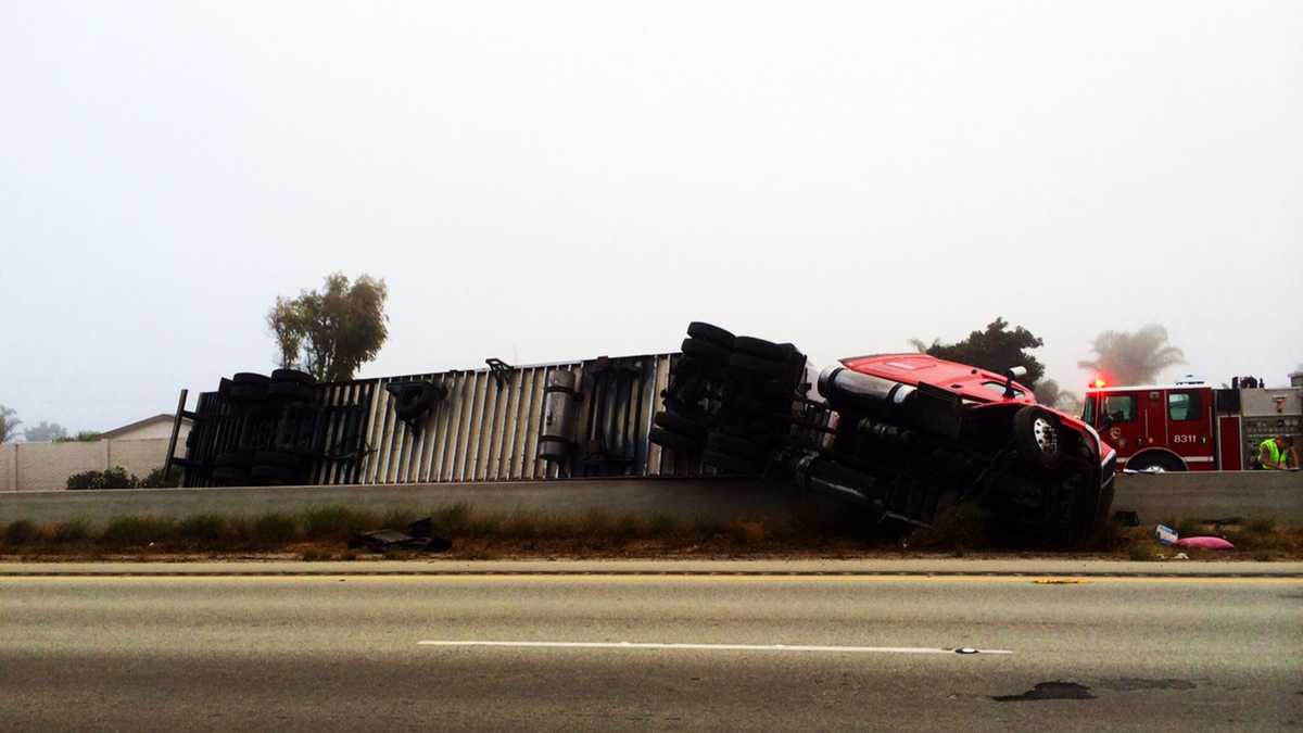 Big-rig flips on Highway 101 in Soledad