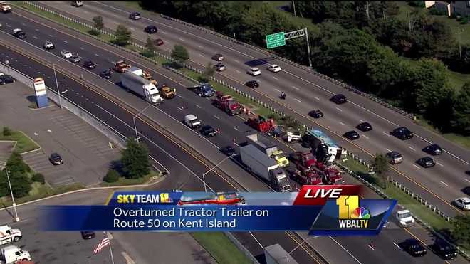 Route 50 reopens after tractor-trailer overturns