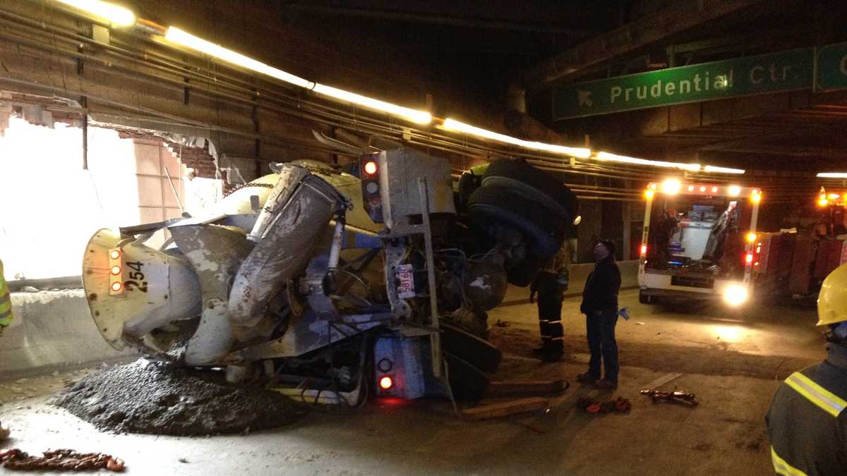 Cement truck crashes on Mass Pike tunnel off-ramp