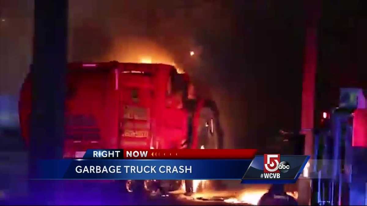 Garbage truck catches fire after crash
