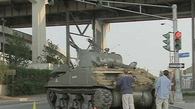 WWII tank stalls in middle of Warehouse District