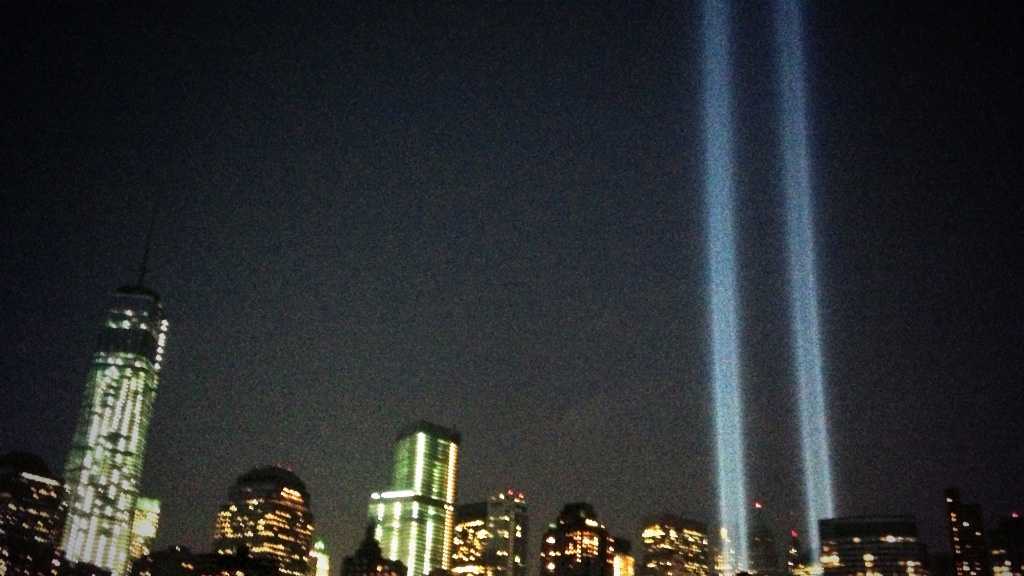 Lights beam upward from the former site of the World Trade Center Towers