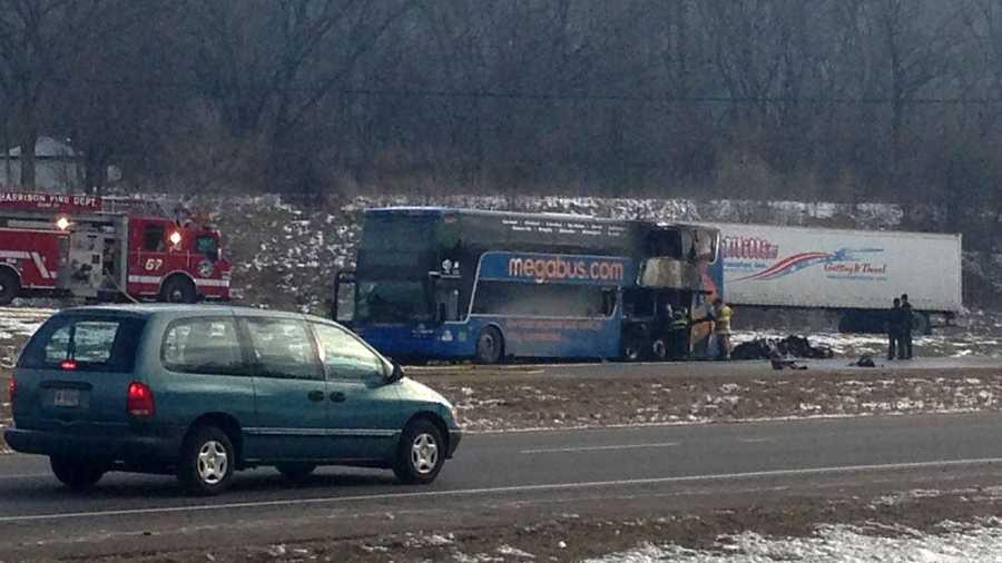 Photos: Megabus catches fire on I-74