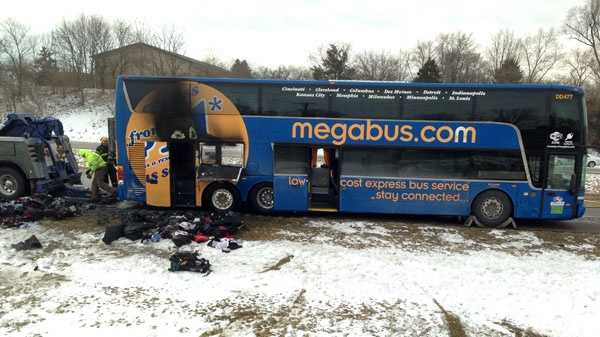 Photos: Megabus catches fire on I-74