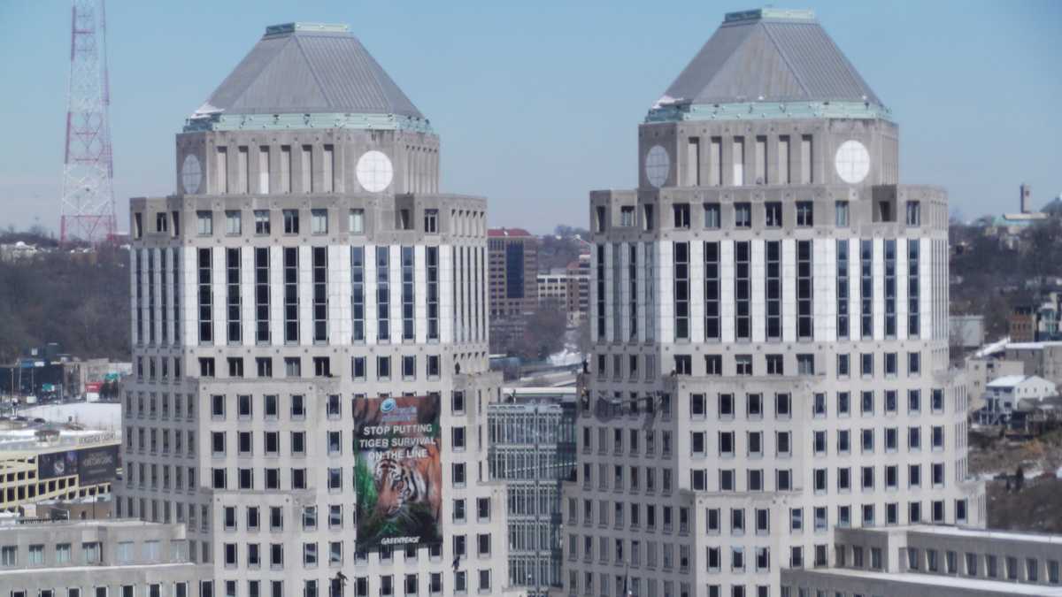 Photos: Greenpeace activists hang banners from Procter & Gamble towers