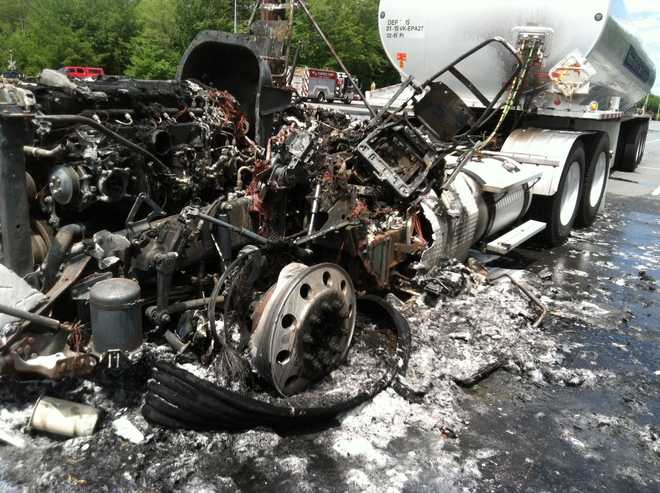 Tanker hauling diesel fuel bursts into flames