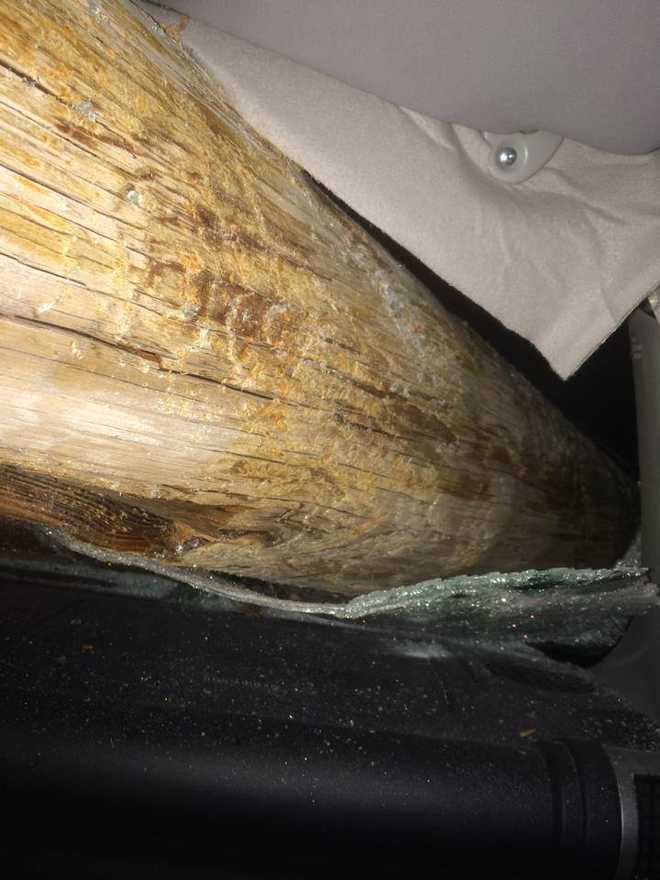 Telephone pole goes through car windshield