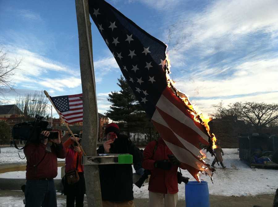 Photos: Occupy Mainers Burn American Flag