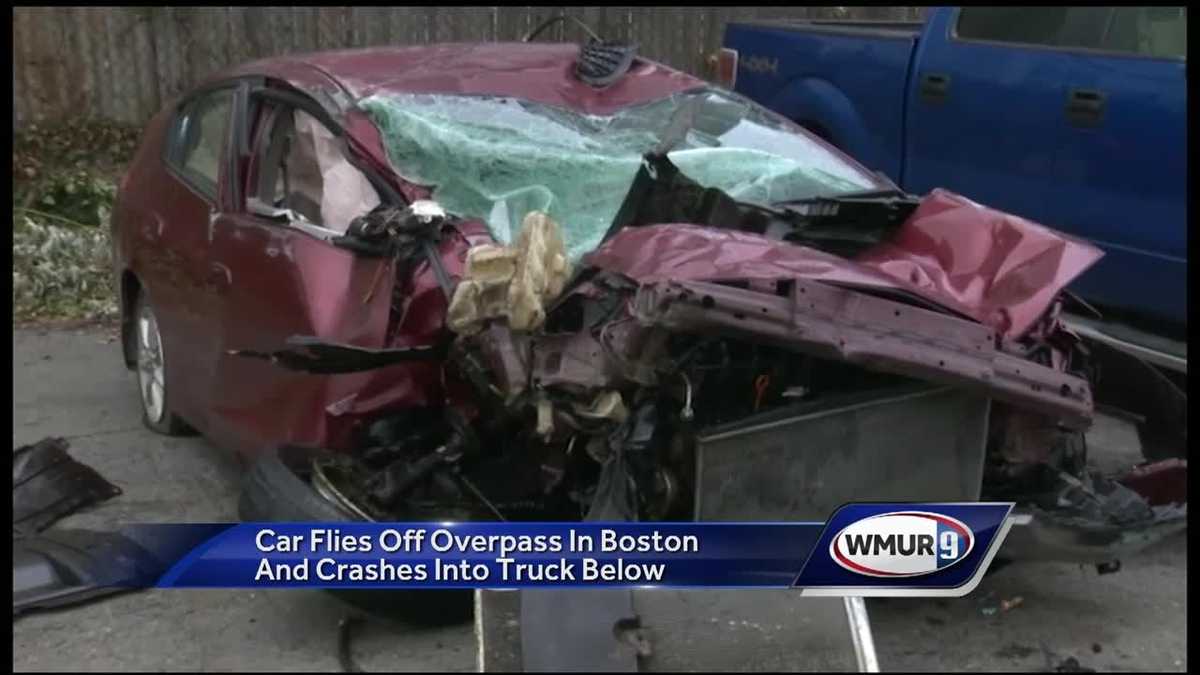 Speeding car crashes off Boston overpass, lands on street below