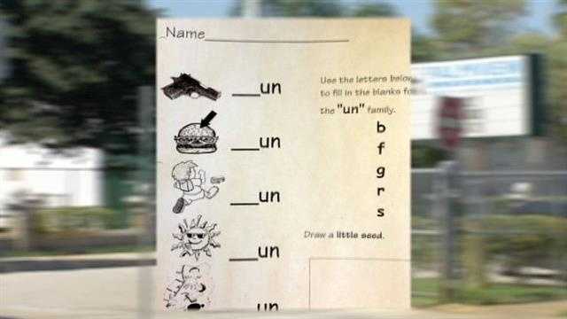 Elementary student's homework assignment shows picture of gun