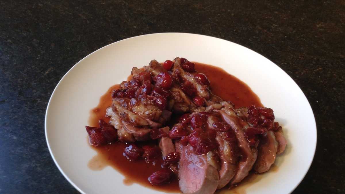 Recipe: Pan-roasted duck breast with cranberry sauce & brandy