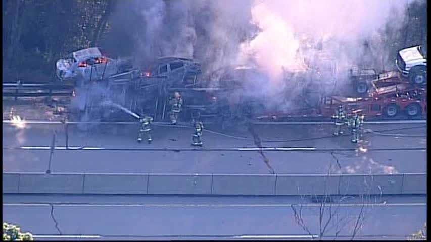 PHOTOS: Car carrier engulfed in flames on PA Turnpike