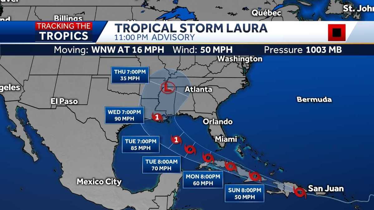 Tropical Storm Laura producing heavy rain over the Dominican Republic
