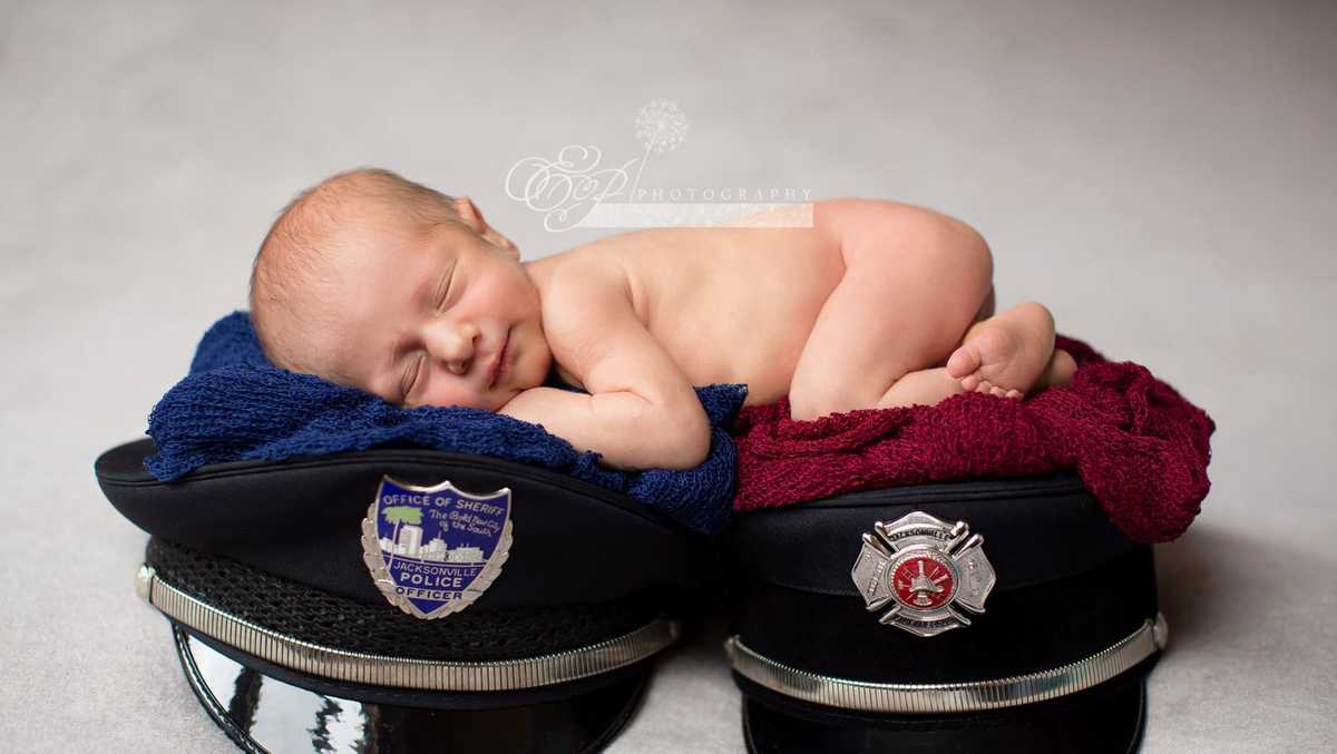Newborn’s photoshoot with police officer dad, firefighter mom’s gear is ...