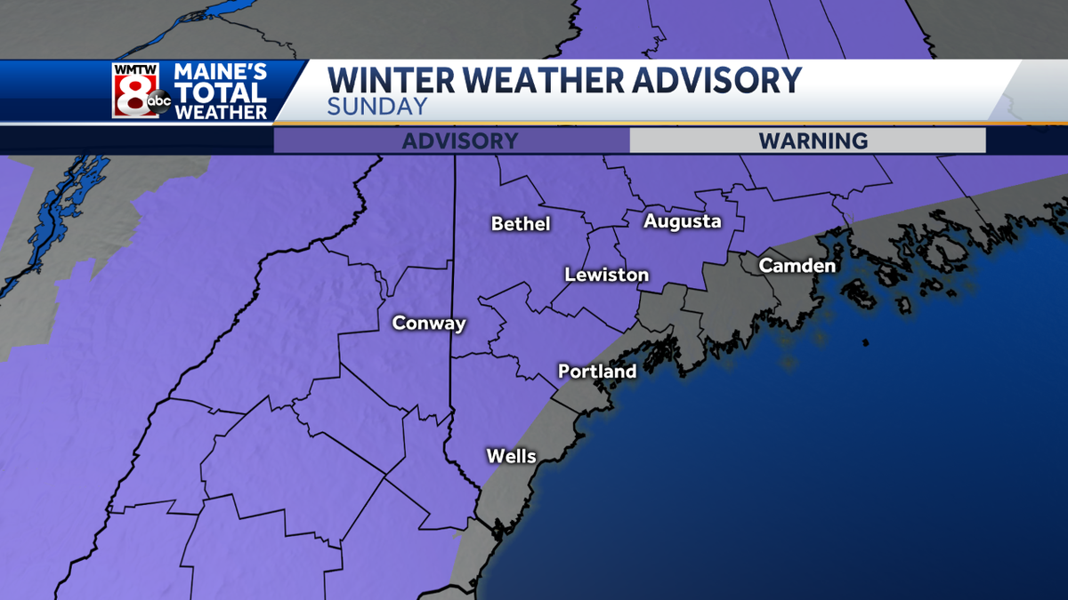 Winter weather advisory Sunday, slick travel inland