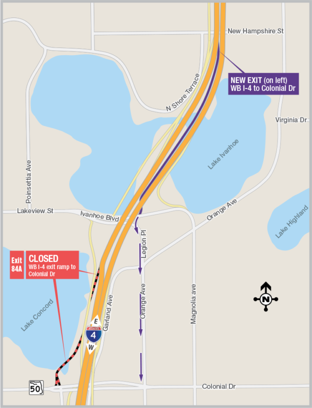 Westbound I-4 exit shifts to left side at Colonial Drive