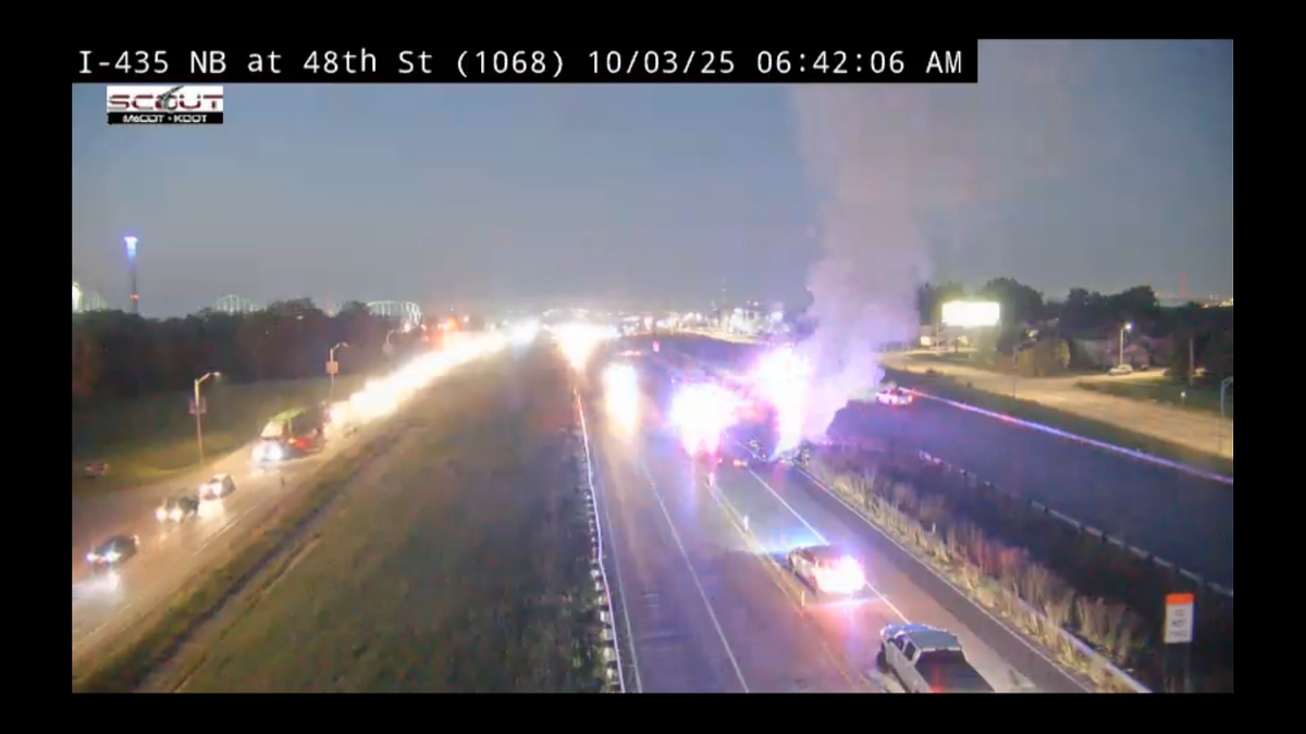 Car fire shuts down traffic at 1-435 between 48th, Parvin Friday