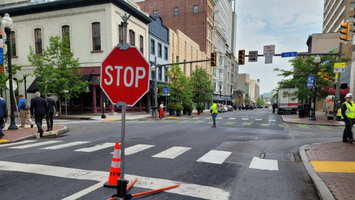 Temporary stop signs at an intersection in Harrisburg, Pa. due to ...