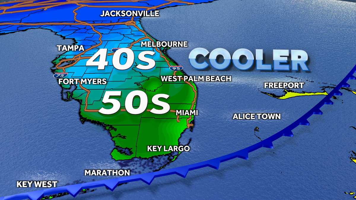 Strong cold front will drop temps to low 40s and 50s in Florida