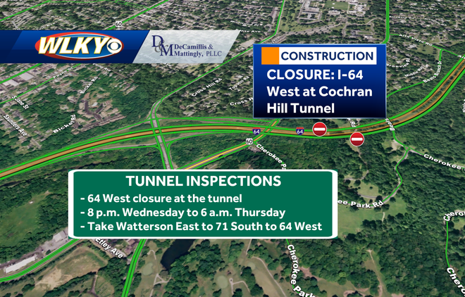 I-64 Cochran Hill Tunnel tunnel to close overnight