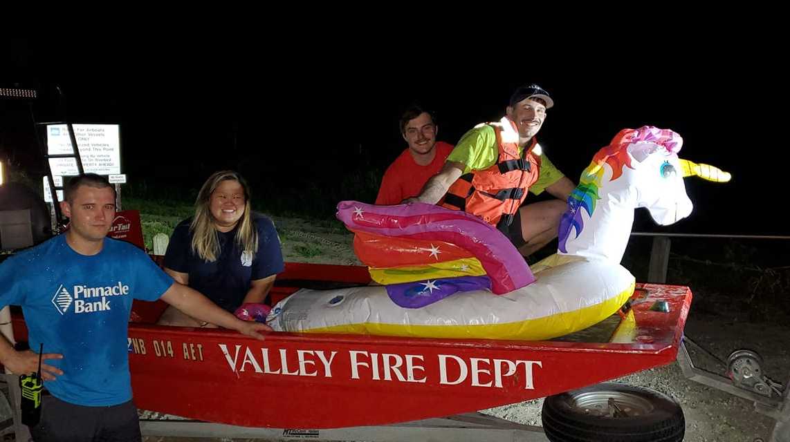 Valley Fire Department receive call, rescue unicorn floatie