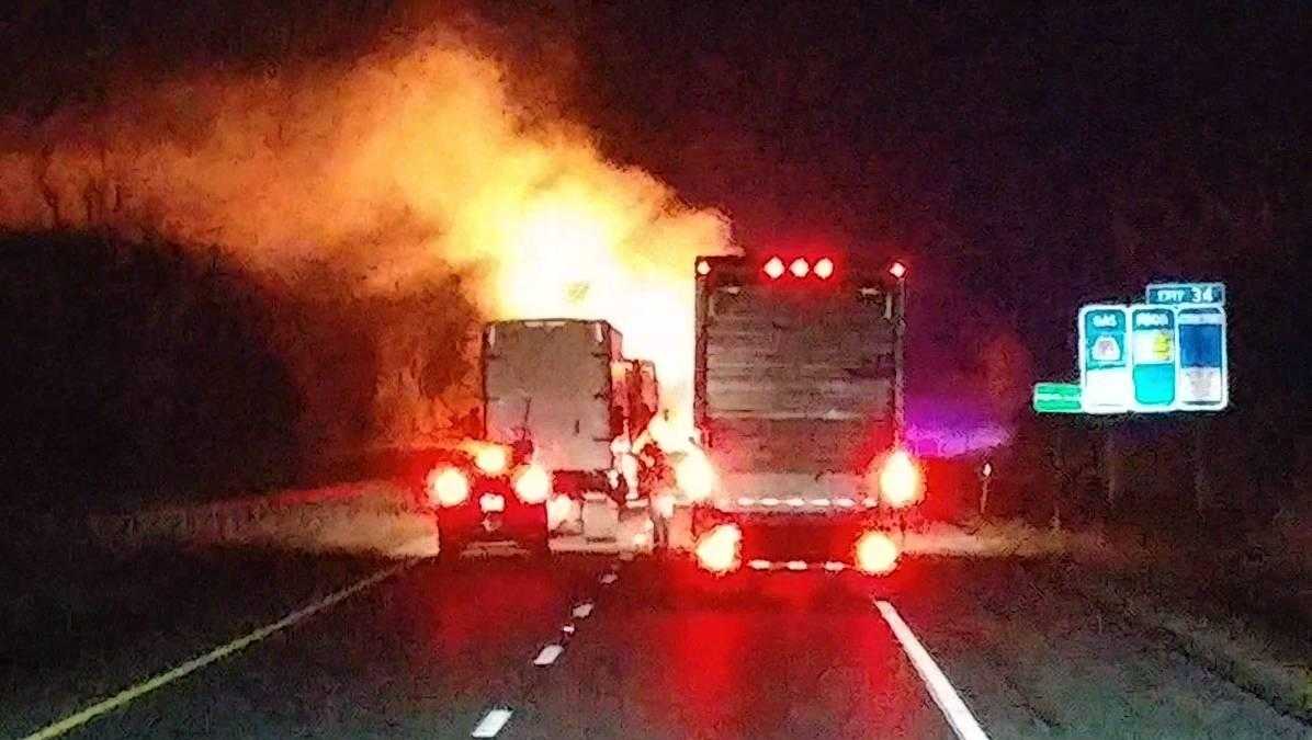 Semi hits fire truck responding to semi fire on 1-71