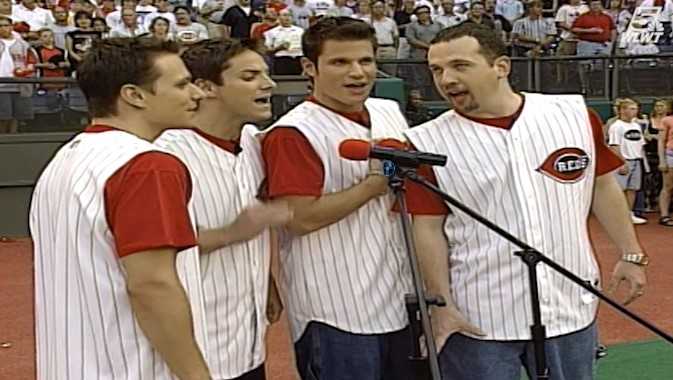 Boy band 98 Degrees sings national anthem at Reds game in 2000