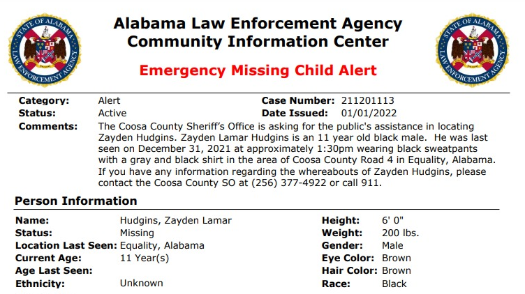 Alabama Missing Child Alert Zayden Hudgins Equality Coosa County