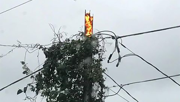 Lightning strike during Hurricane Irma explodes utility pole