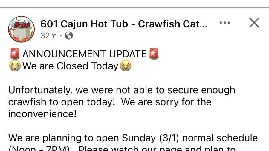 Crawfish shortage forces 601 Cajun Hot Tub to close for the day