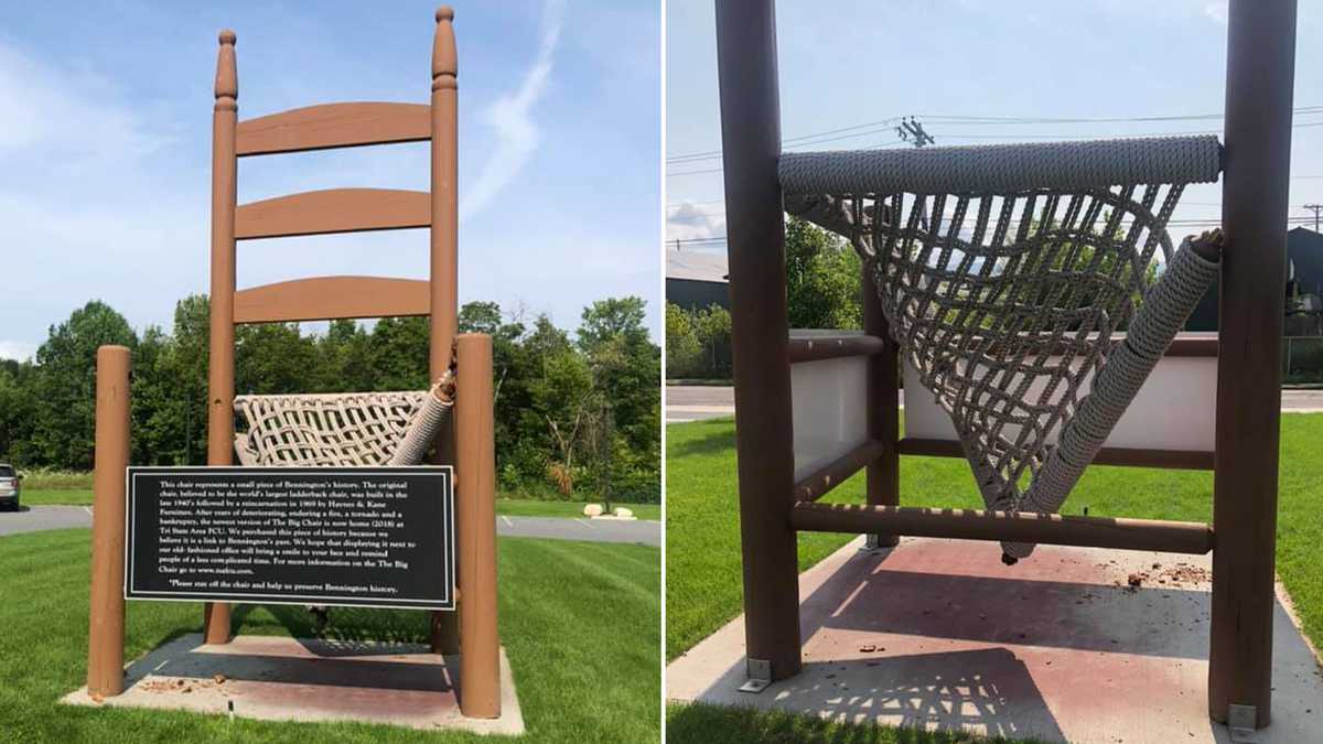 'Big chair' in front of Vermont bank damaged, police seek suspects