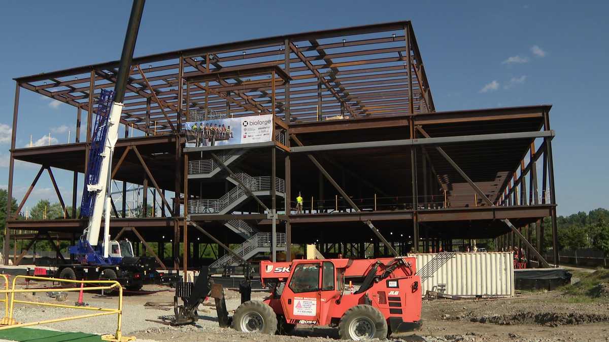Final beam hoisted at BioForge at Pittsburgh's Hazelwood Green