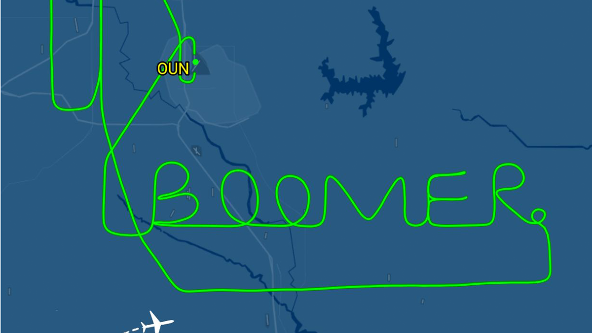Pilot writes 'Boomer' with flight path near OU airport