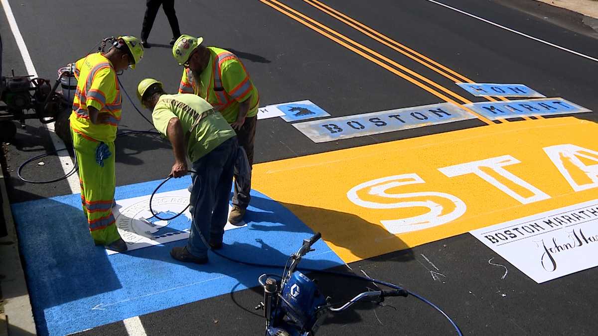Starting line painted in Hopkinton for 125th Boston Marathon