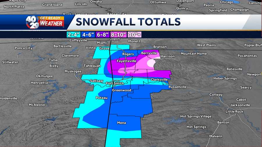 Snowfall totals for NWA & River Valley from Tuesday's storm