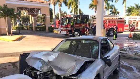 Car catches fire after driver shears off gas pump