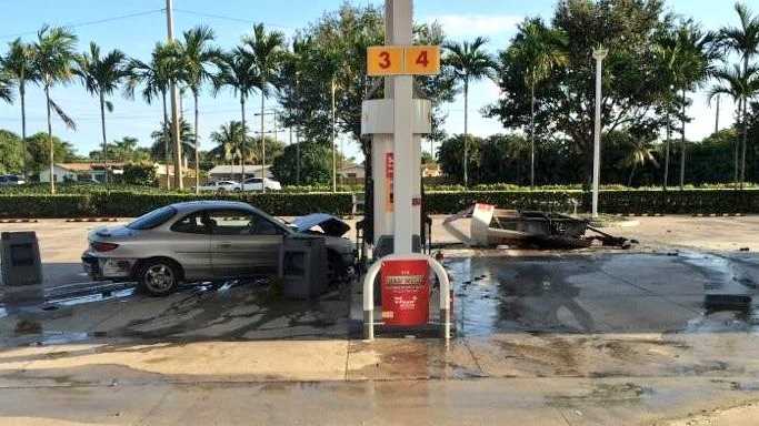 Car catches fire after driver shears off gas pump