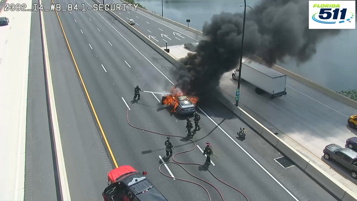 Roadway clear after car fire on I-4 in Orlando Saturday