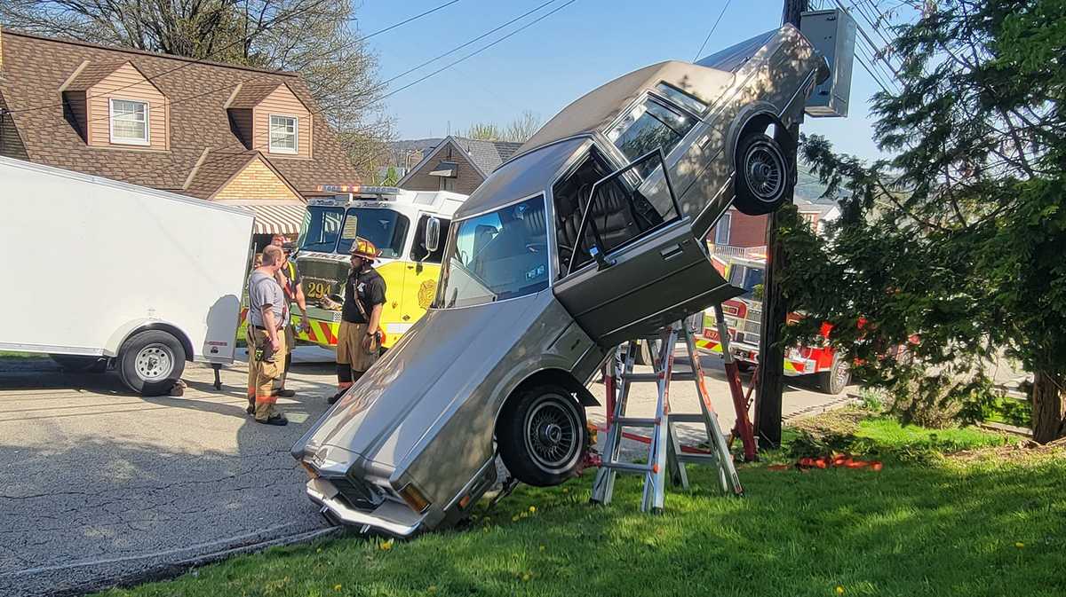 Car hits pole in Duquesne, lands on 45 degree angle