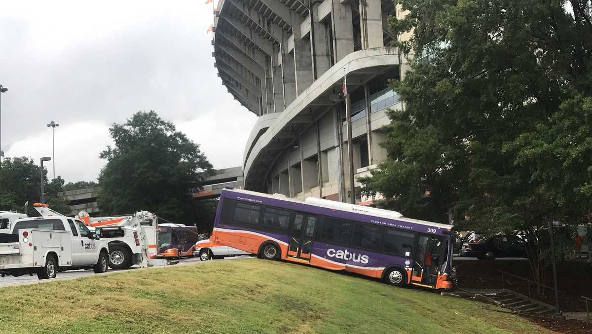 Clemson transit bus rolls down concrete parking lot stairs