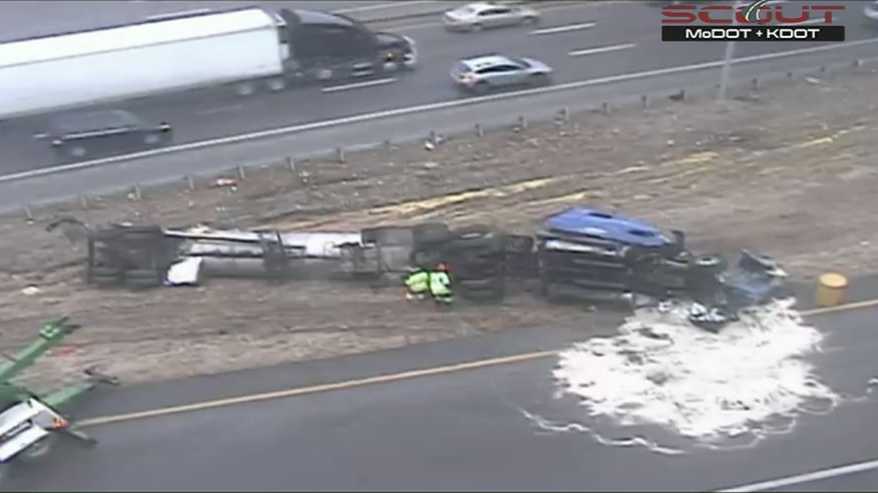 Tanker truck carrying chicken fat overturns on westbound I-70 near I ...