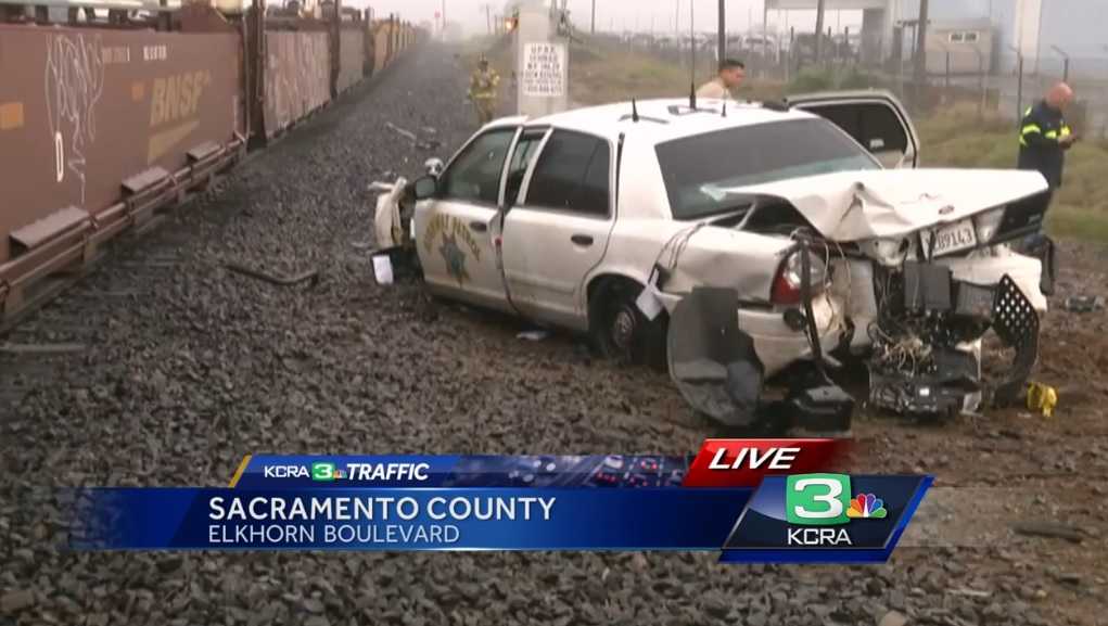 Train smashes into CHP vehicle at Sacramento crash scene