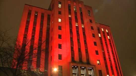 Birmingham City Hall lit in red in support of Wear Red Day