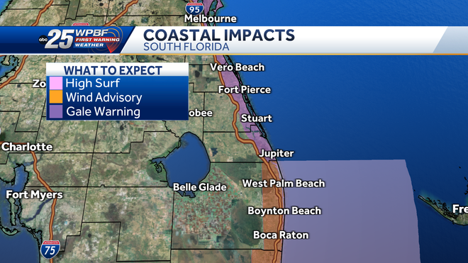 A gale warning, high surf and wind advisory in effect across South Florida